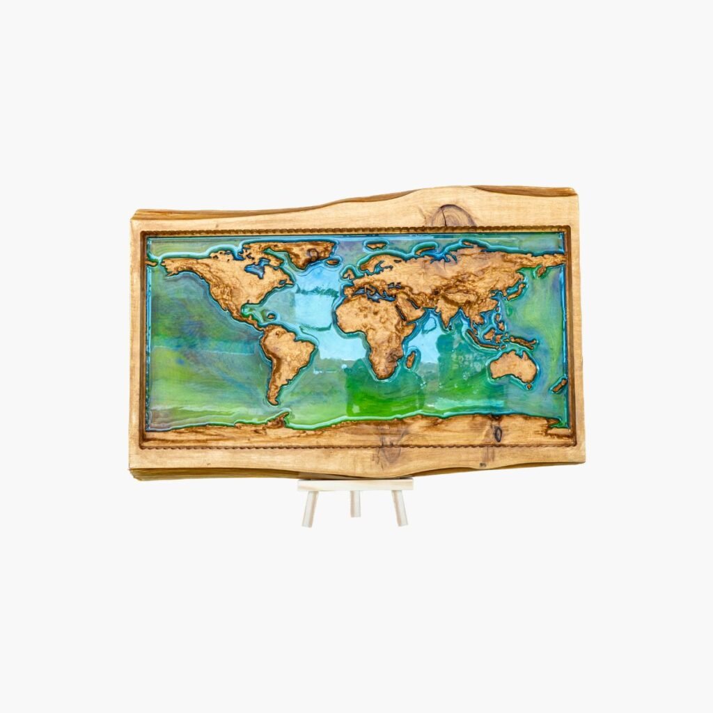 Neldi Art Gallery - 3D Wooden World Map Relief with Resin Oceans
